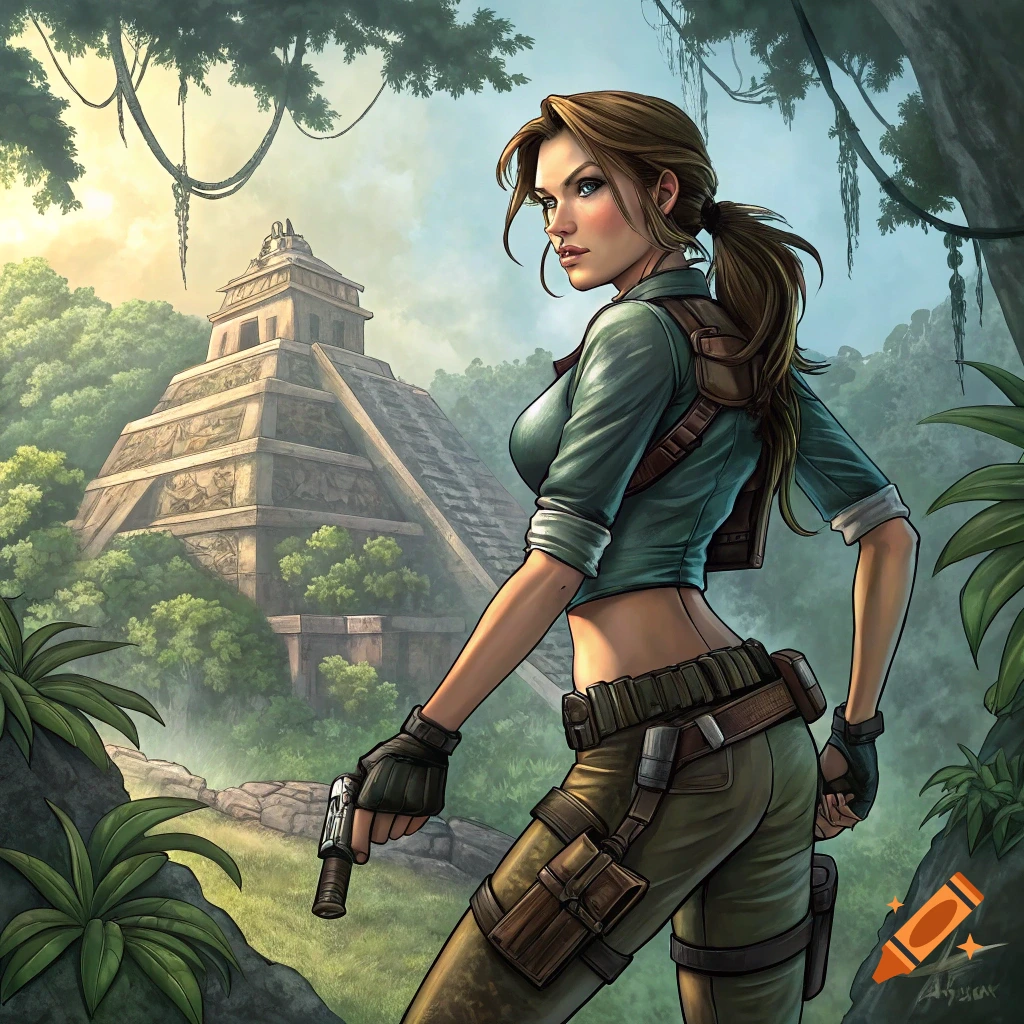 Illustrated image of Lara Croft standing in a jungle with an ancient ...
