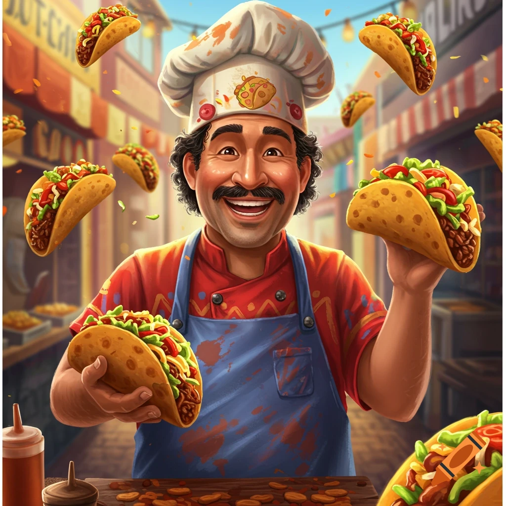 Cartoon chef holding tacos in a street market with floating tacos. on ...
