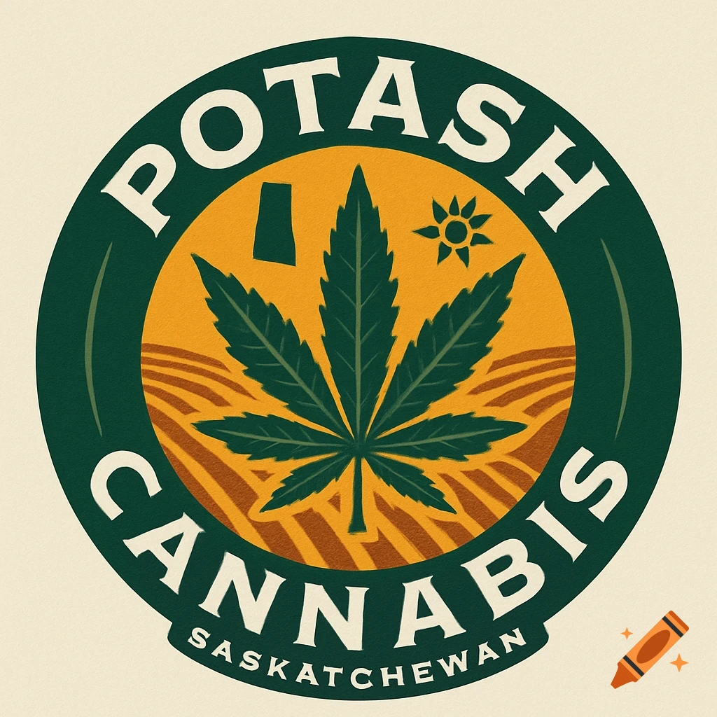 Circular logo for Potash Cannabis featuring a cannabis leaf, text, and ...