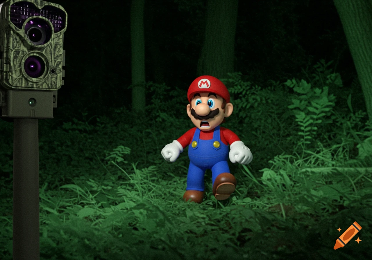Mario looks surprised standing in a dark forest near a trail camera. on ...
