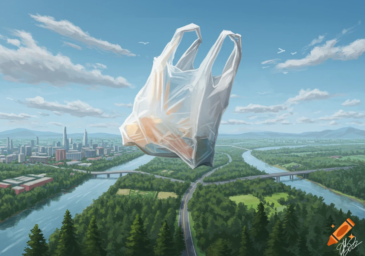 A translucent plastic bag floats high above a detailed landscape with a ...