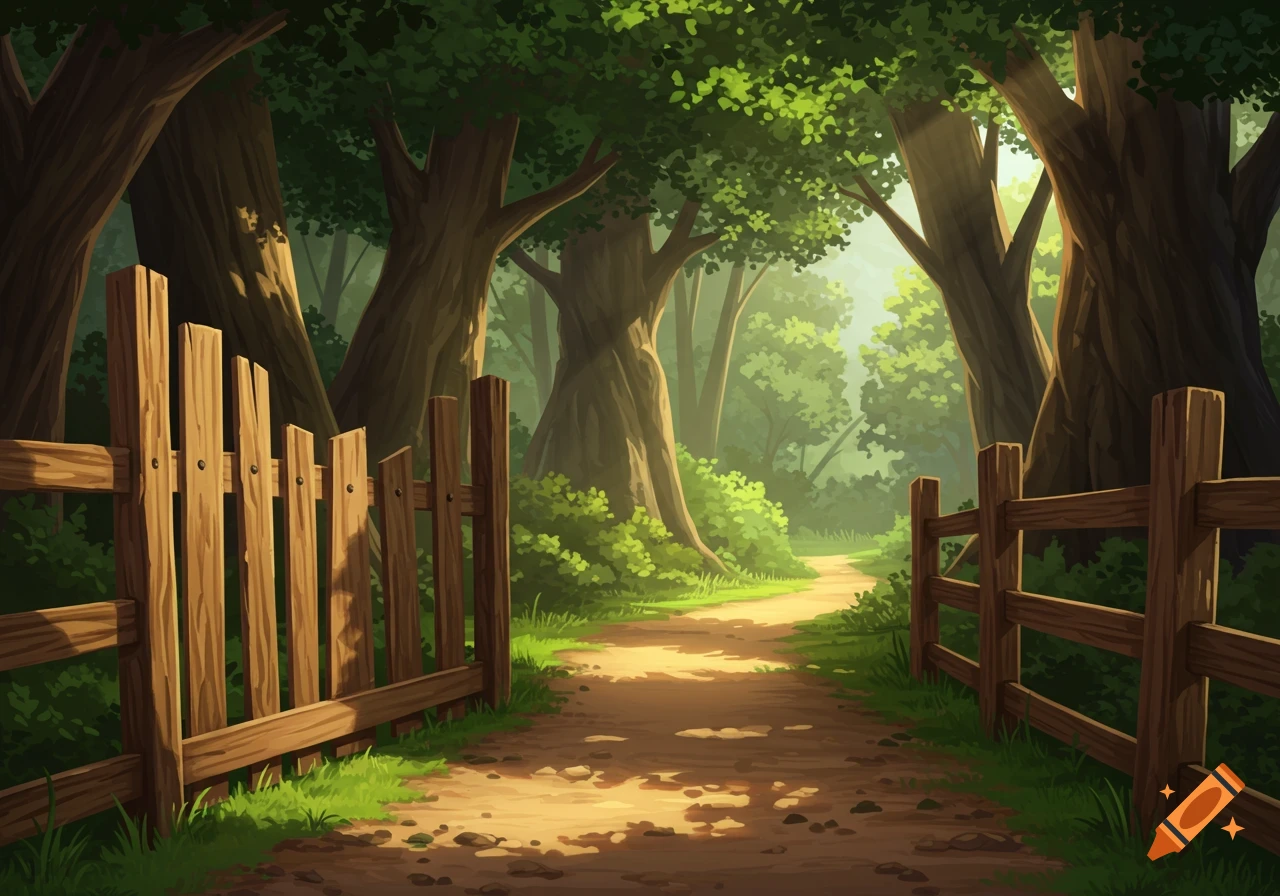 A winding dirt path leads through a sunny forest, past rustic wooden ...