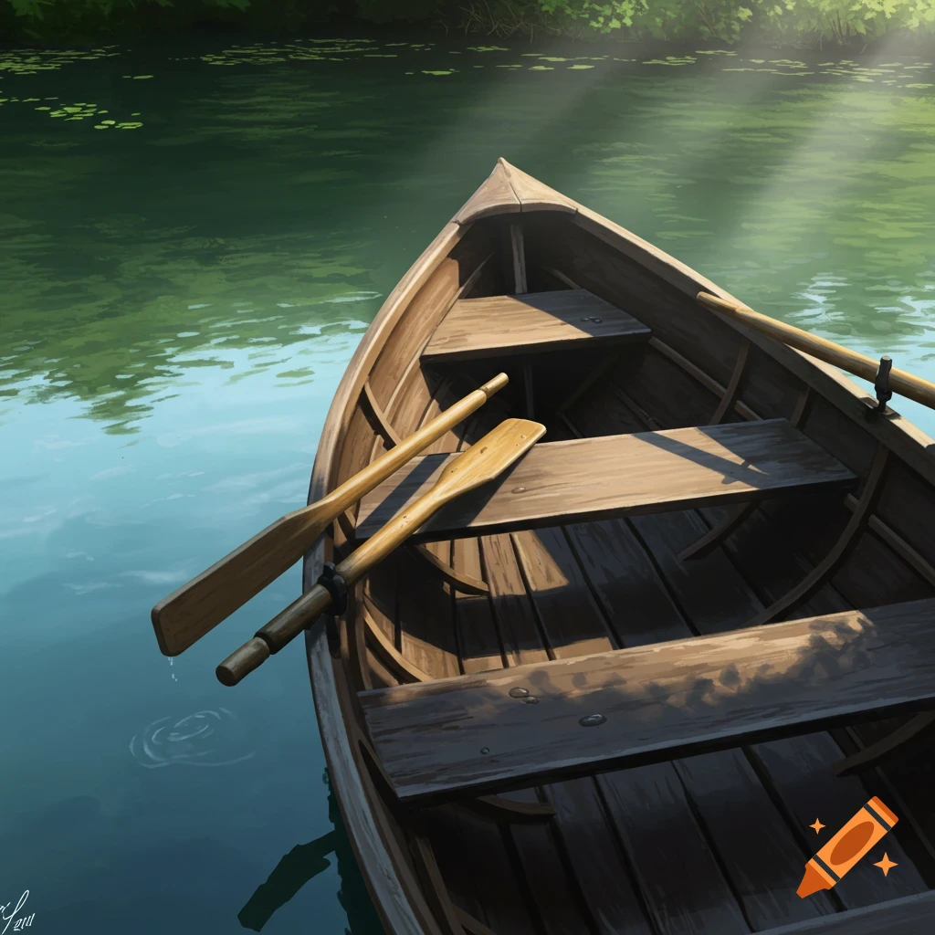 Digital painting of a wooden rowing boat floating on calm water with sunlight filtering through ...
