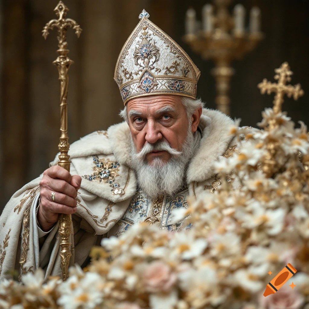 A man dressed as a pope in elaborate robes holds a staff, with flowers ...