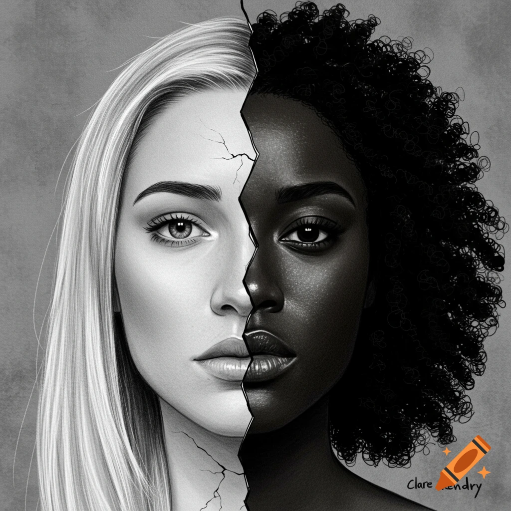 Black and white drawing of a woman's face split into two halves ...