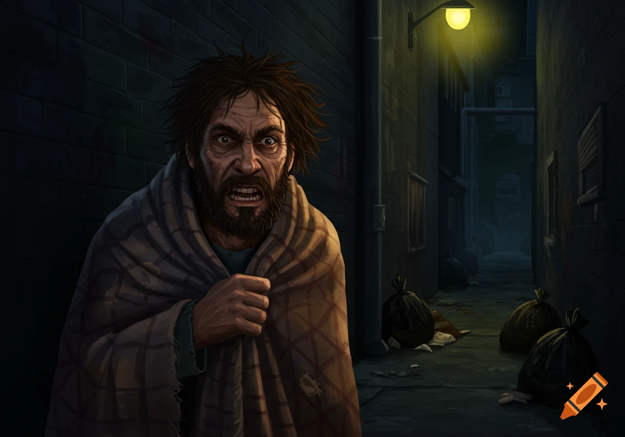 An illustration of a furious homeless man wrapped in a blanket in a ...