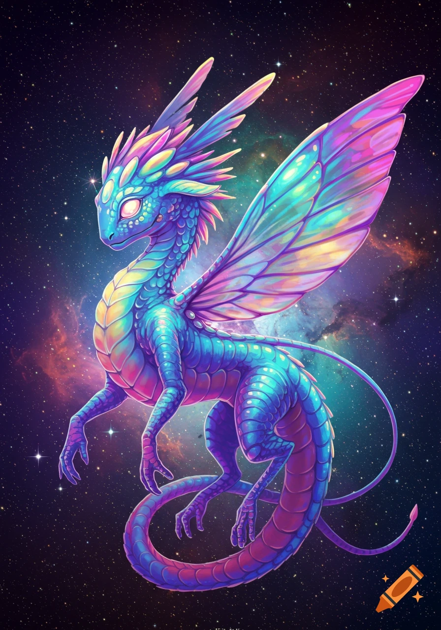 Colorful iridescent fantasy dragon with insect wings floating in space among stars and nebulae ...