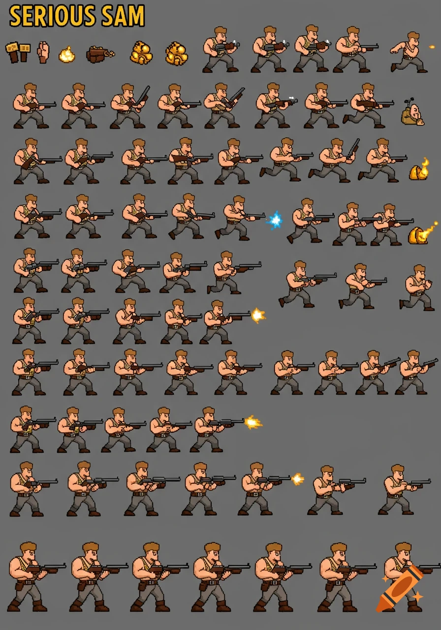 Pixel art sprite sheet of Serious Sam character in various poses and ...