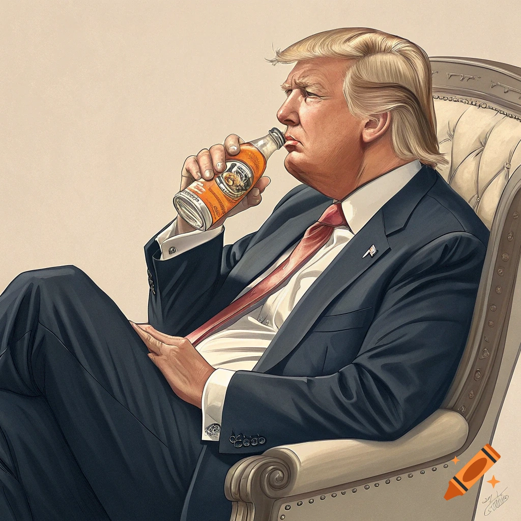 Illustration of Donald Trump sitting in a chair and drinking from an ...