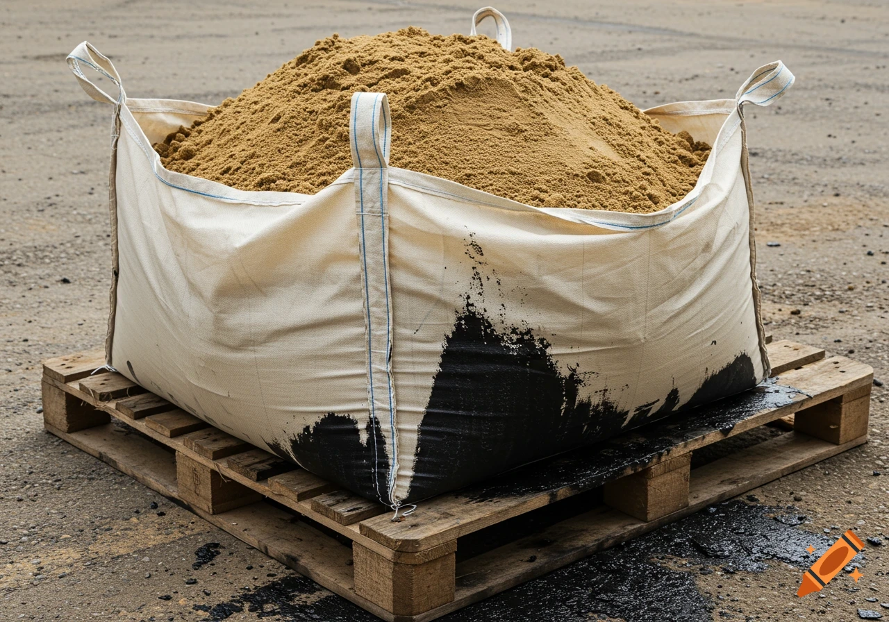 A large bag of sand on a wooden pallet, stained with spilled black tar ...