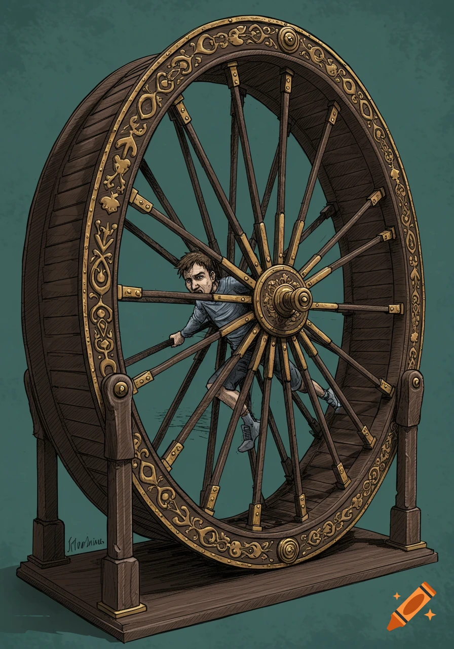 An illustration of a man running inside a large, ornate wooden wheel ...
