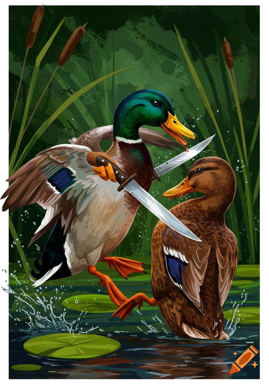 Stylized illustration of a mallard duck fighting a brown duck with ...