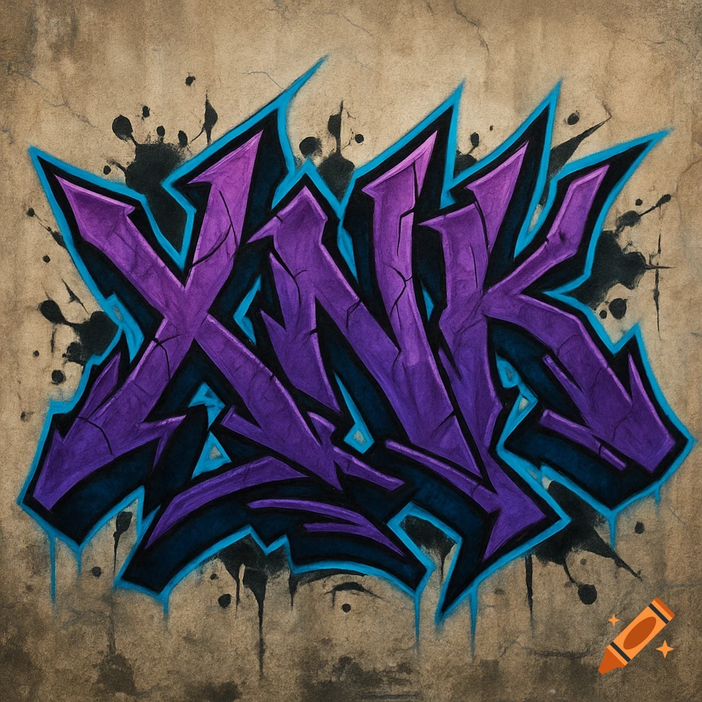 Purple and blue XNK wildstyle graffiti tag on a textured wall. on Craiyon