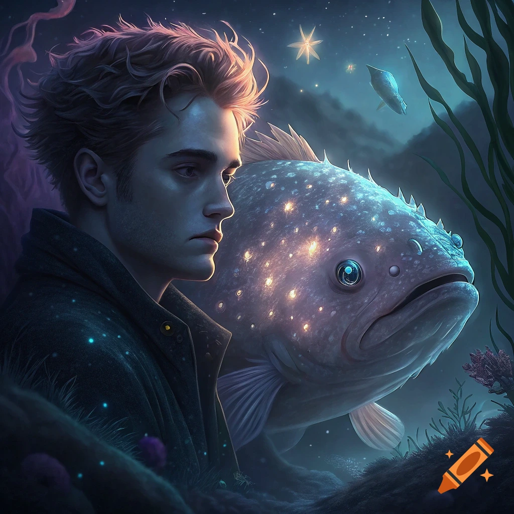 A man and a large glowing fish underwater at night. on Craiyon