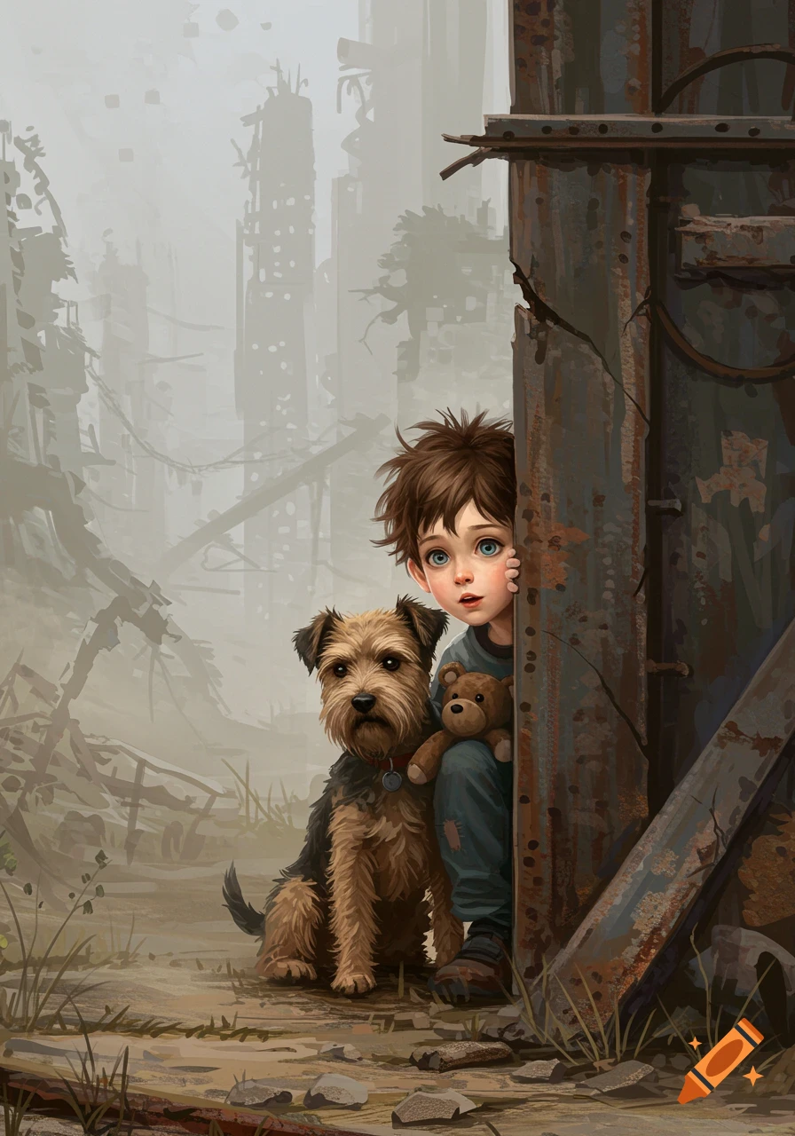 A boy and his dog hide behind rubble in a destroyed city landscape. on ...
