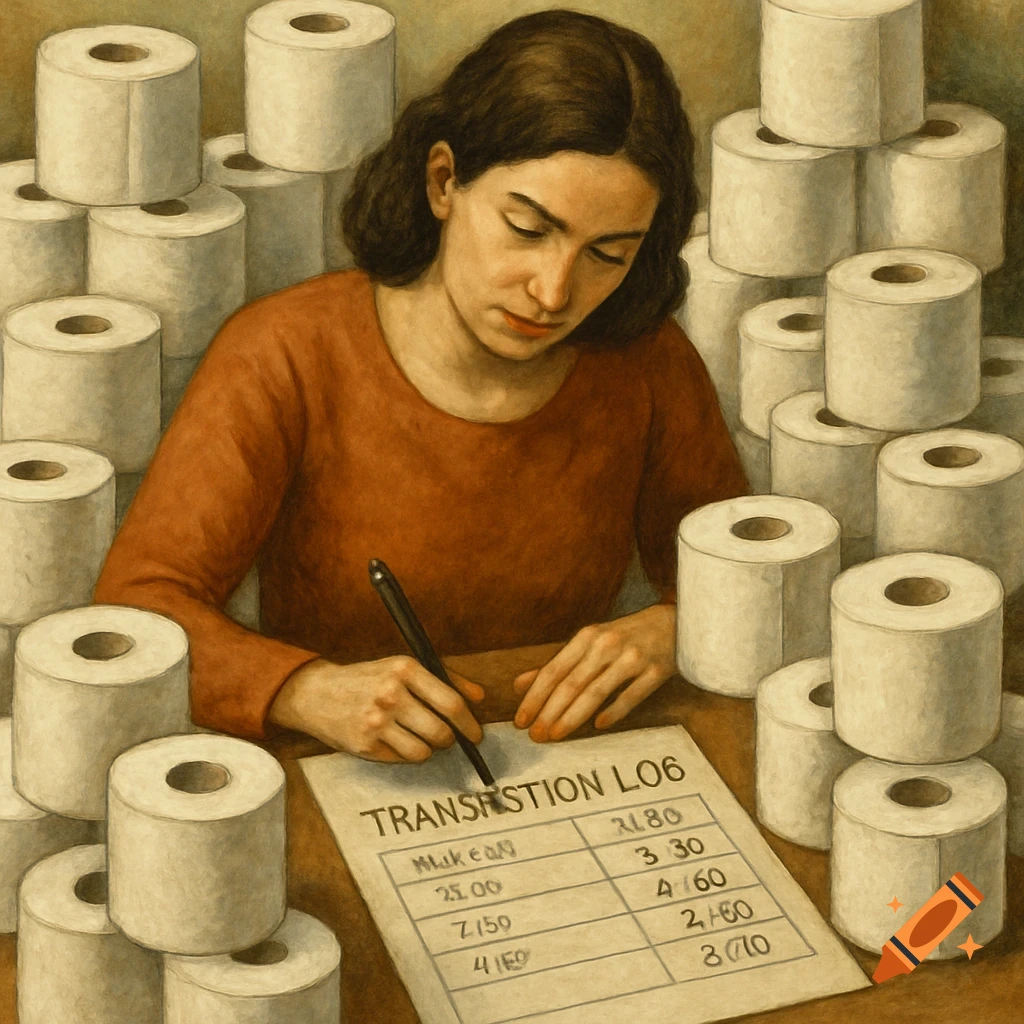 A woman sits at a desk surrounded by piles of toilet paper rolls ...