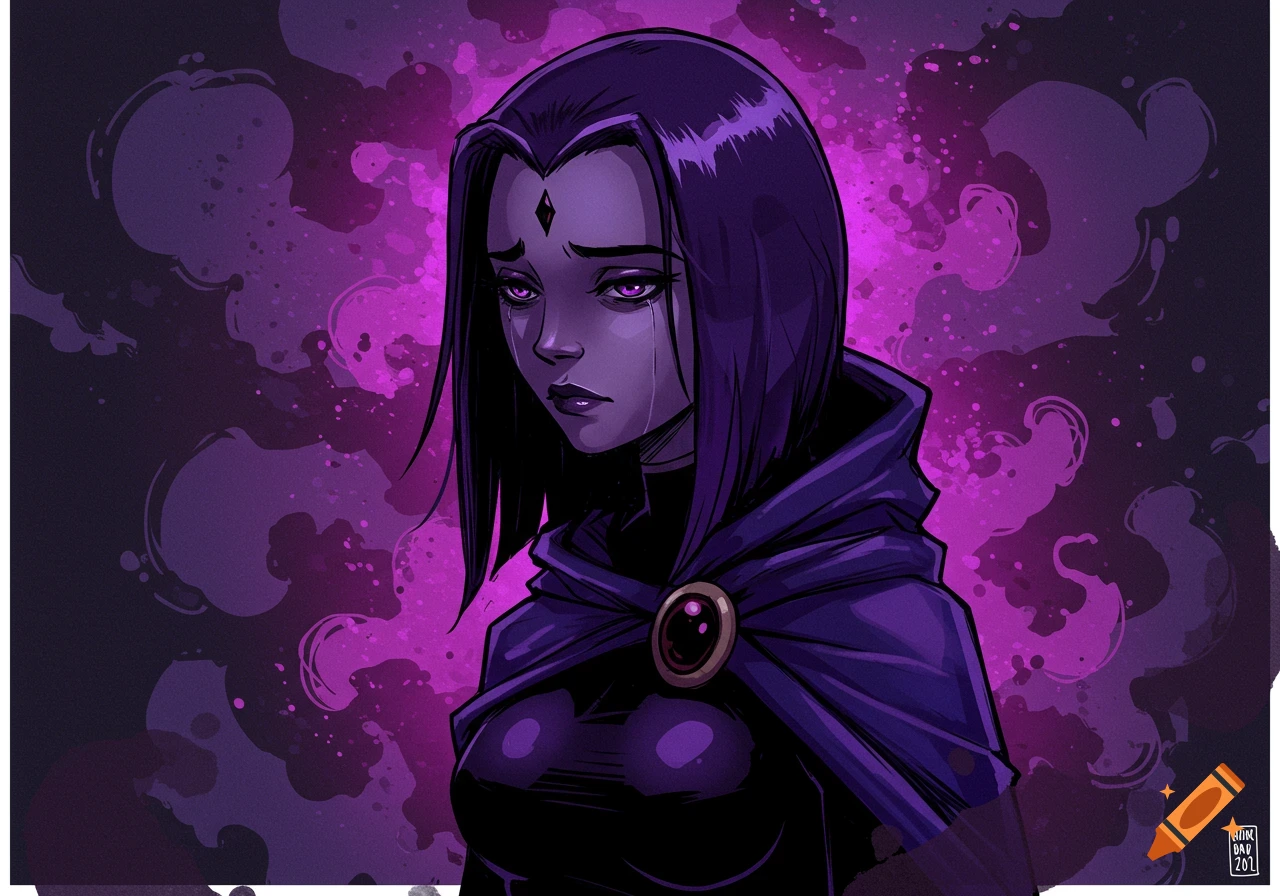 Illustration of Raven from Teen Titans looking sad in a dark purple ...