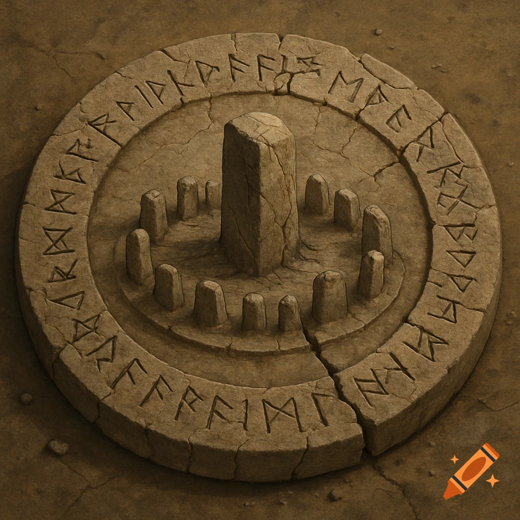 Ancient stone tablet with carved runes and smaller stones in a circle ...