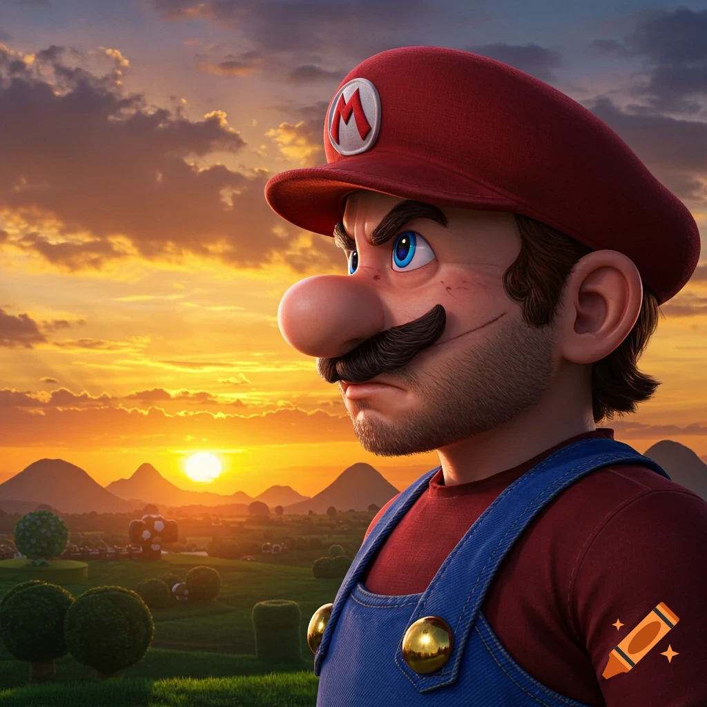 3D render of a serious Super Mario looking at a vibrant sunset over a ...