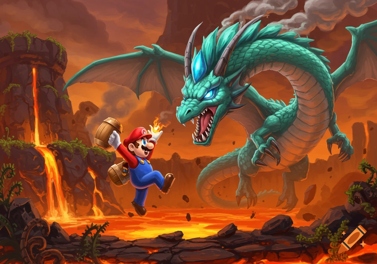 Mario battles a green dragon over a lava landscape in a stylized ...