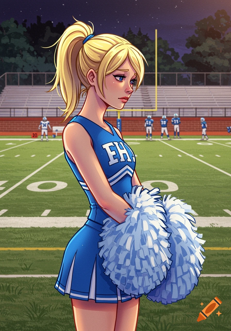 An illustration of a sad cheerleader standing on a football field at ...