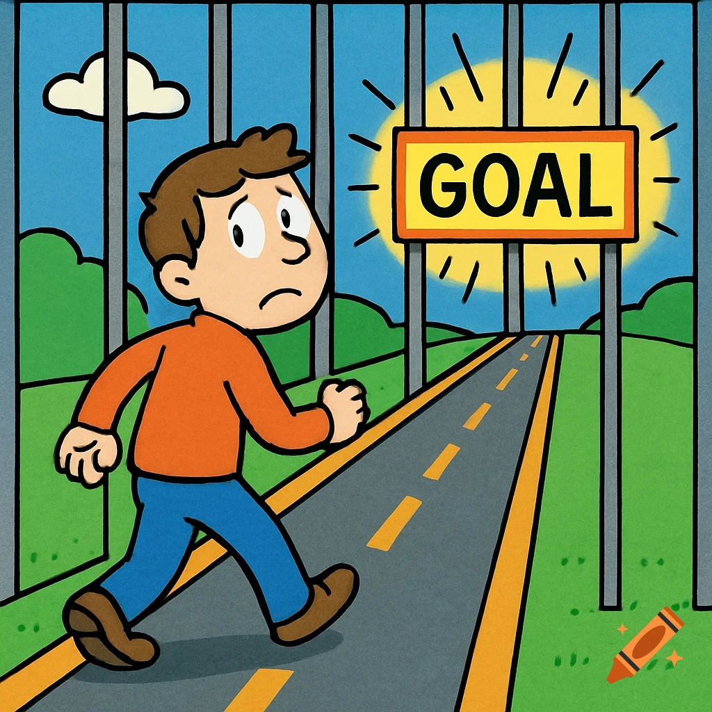 Cartoon of a person walking towards a GOAL sign but blocked by bars. on ...