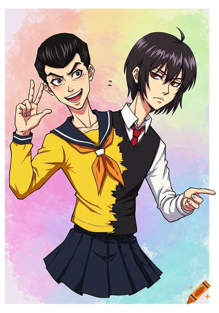 Conjoined anime characters in school uniforms, one smiling, one serious ...
