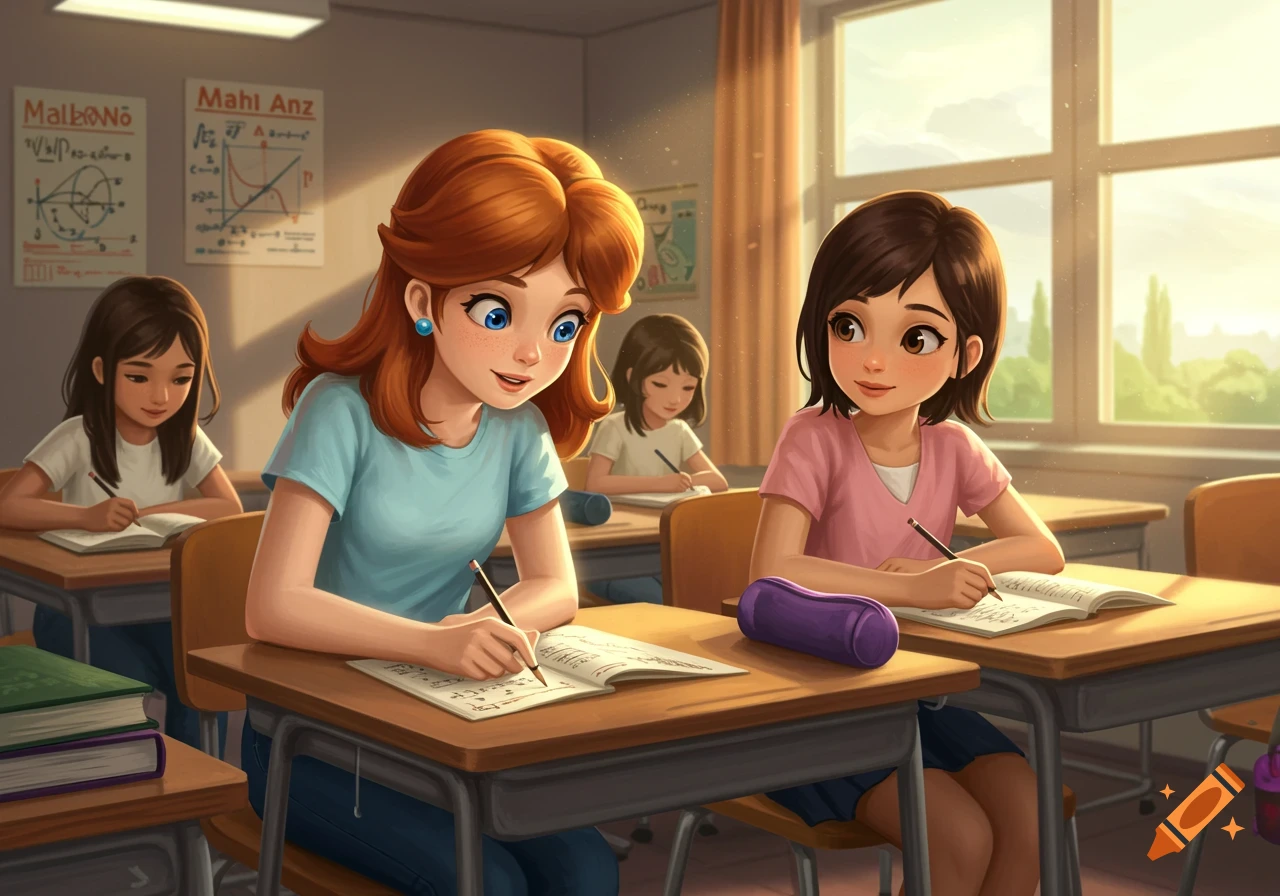 Illustration of two girls writing in notebooks at desks in a sunny ...