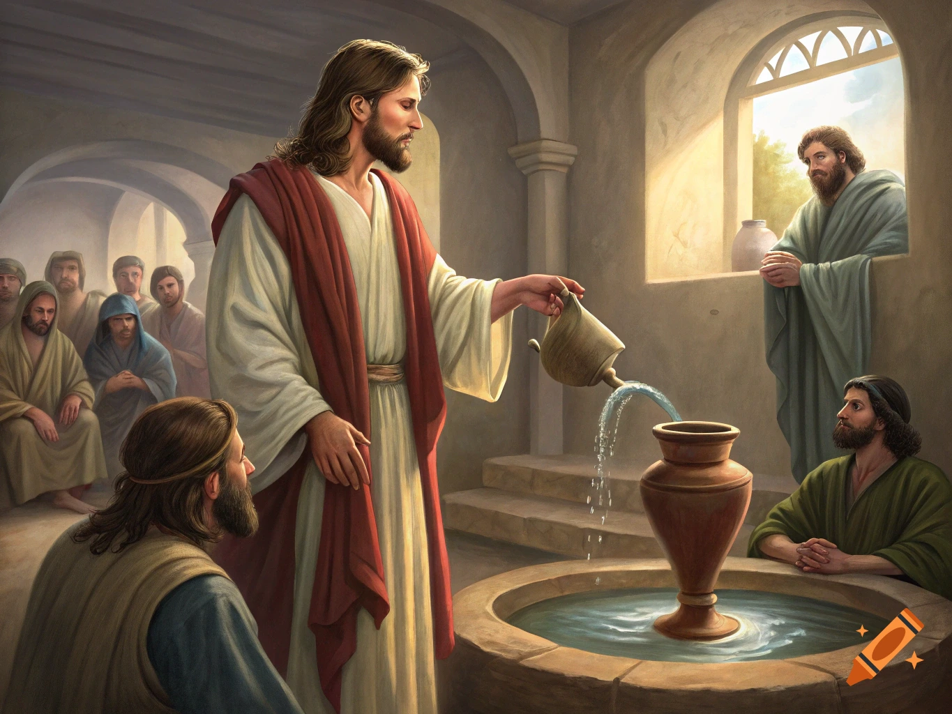 Painting of Jesus pouring water from a pitcher into a large pot ...