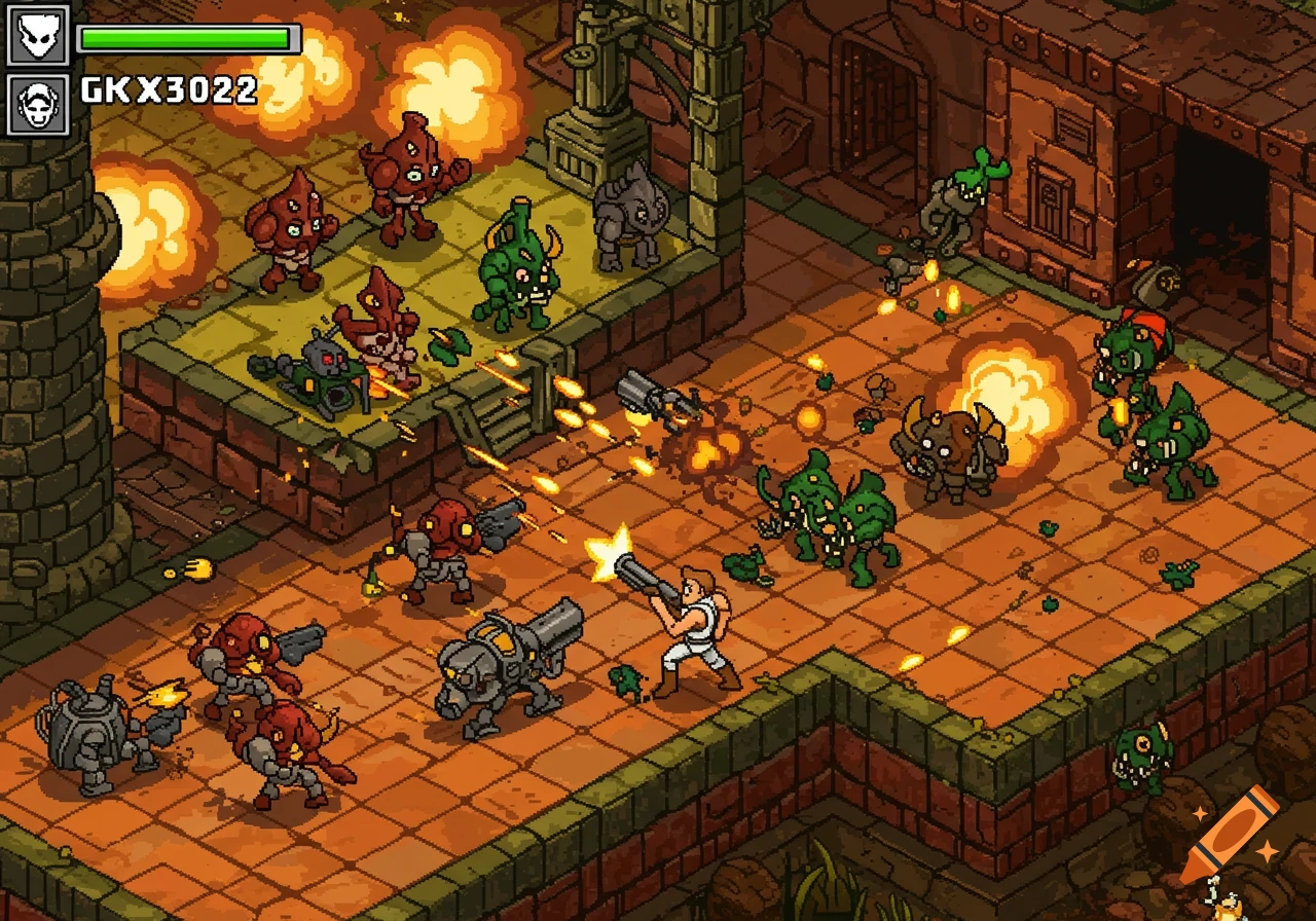 Top-down pixel art action scene of a character shooting monsters in a ...