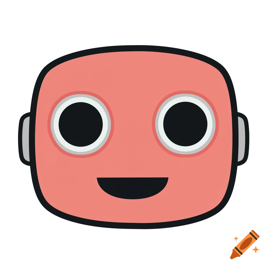 A friendly 2D illustration of a pink robot face with black eyes and a ...