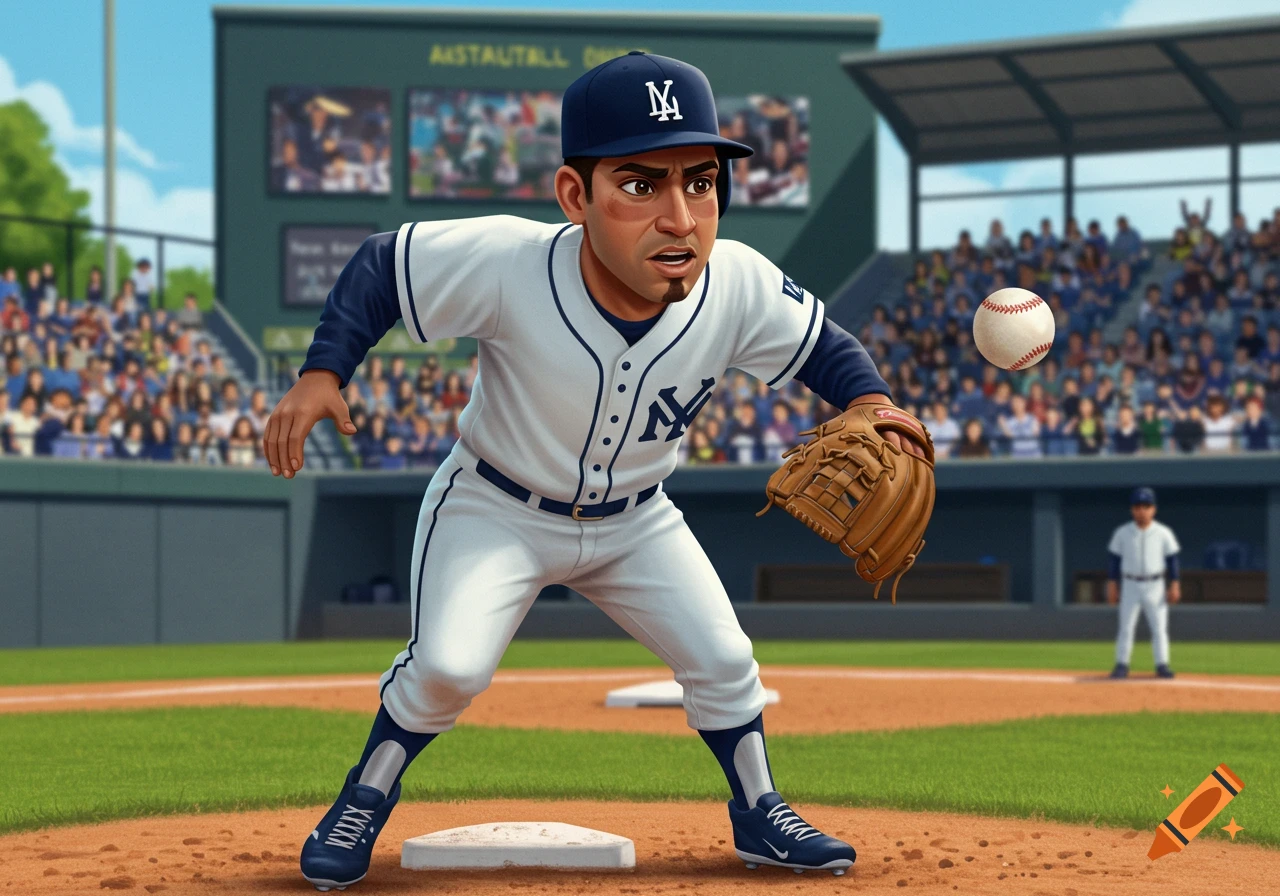 A stylized illustration of a baseball player fielding a ball in a ...