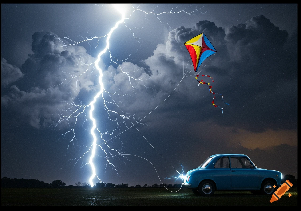 A blue car is charged by a lightning strike hitting a kite in a stormy field. on Craiyon