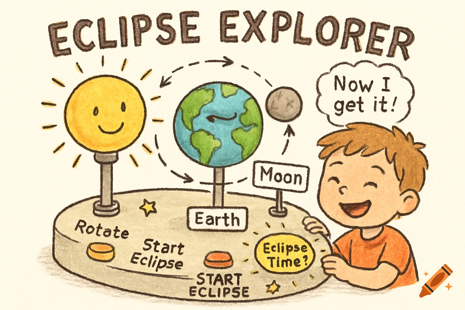 Hand-drawn illustration of a child interacting with a toy model of an eclipse. The model shows ...