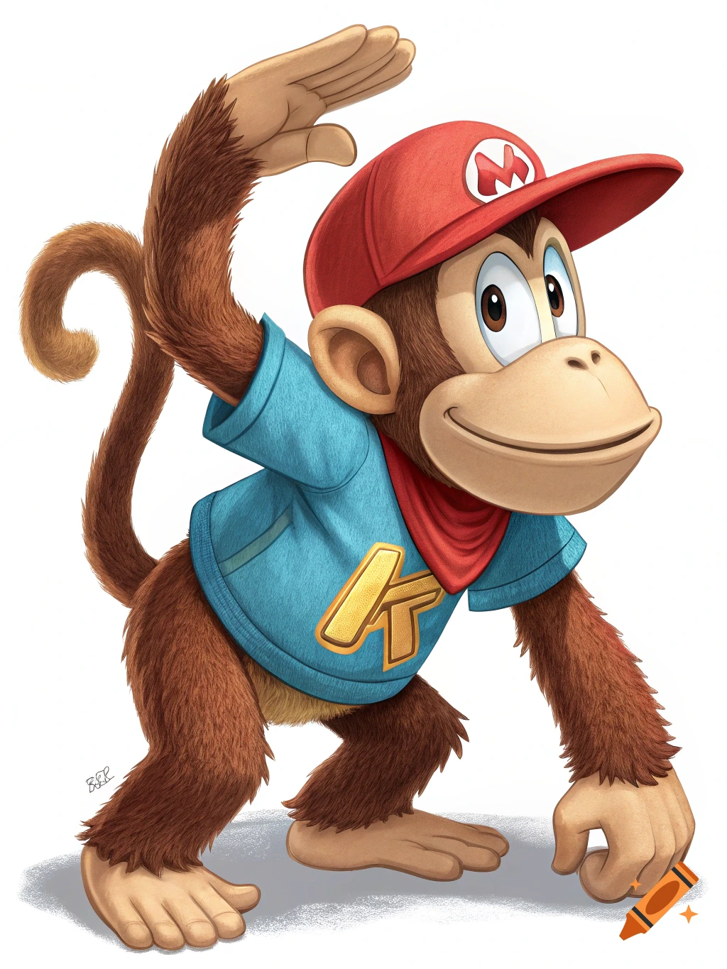 Diddy Kong, a cartoon monkey, wears a red hat with an M, blue jacket ...