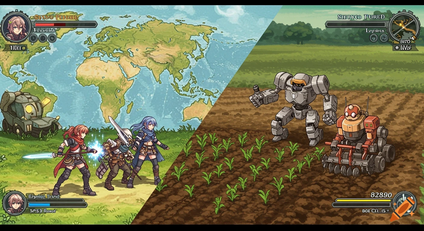 Split screen game UI showing characters fighting a robot on the left ...