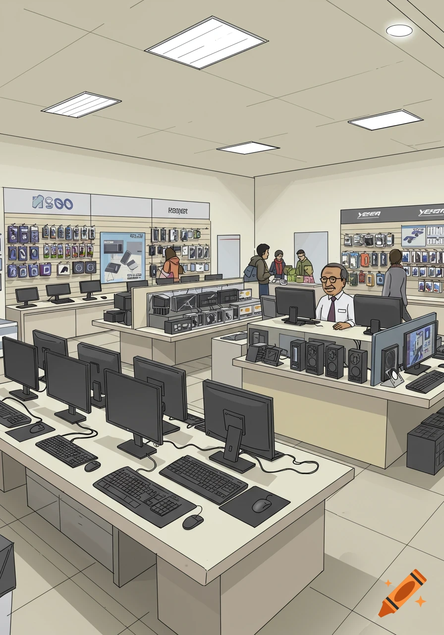 A drawing of the inside of a computer store with aisles of monitors ...