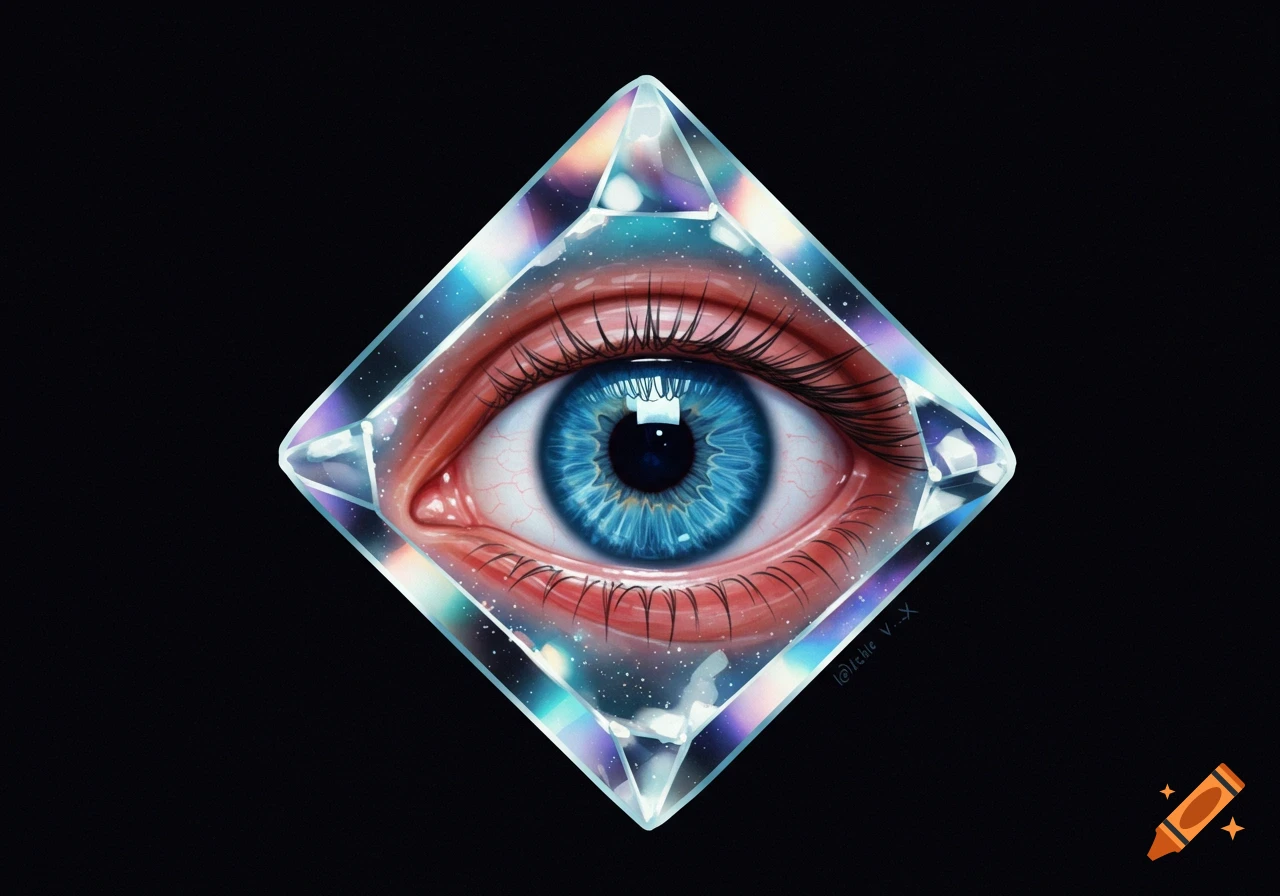 Detailed human eye enclosed in a sparkling crystal rhombus reflecting ...