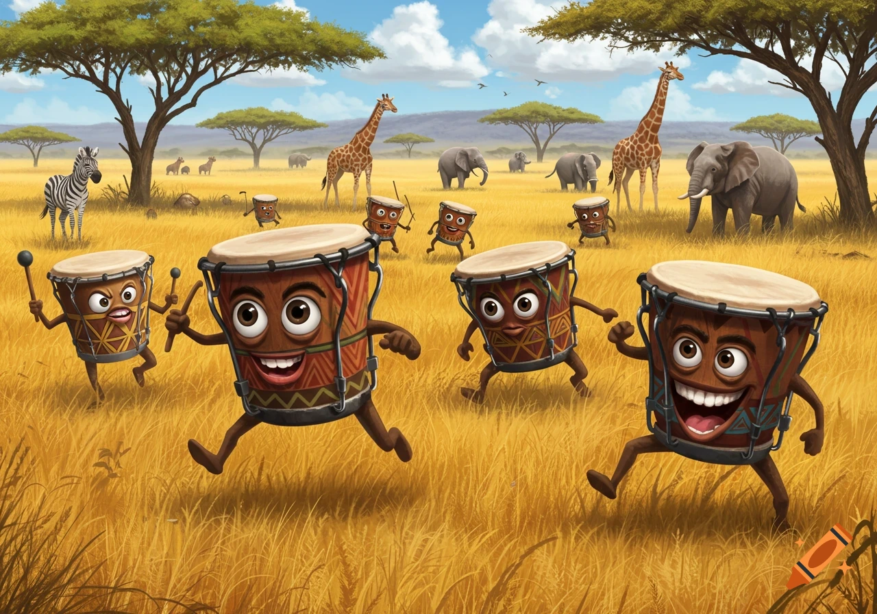 Cartoon bongo drums run across an African savanna with giraffes ...