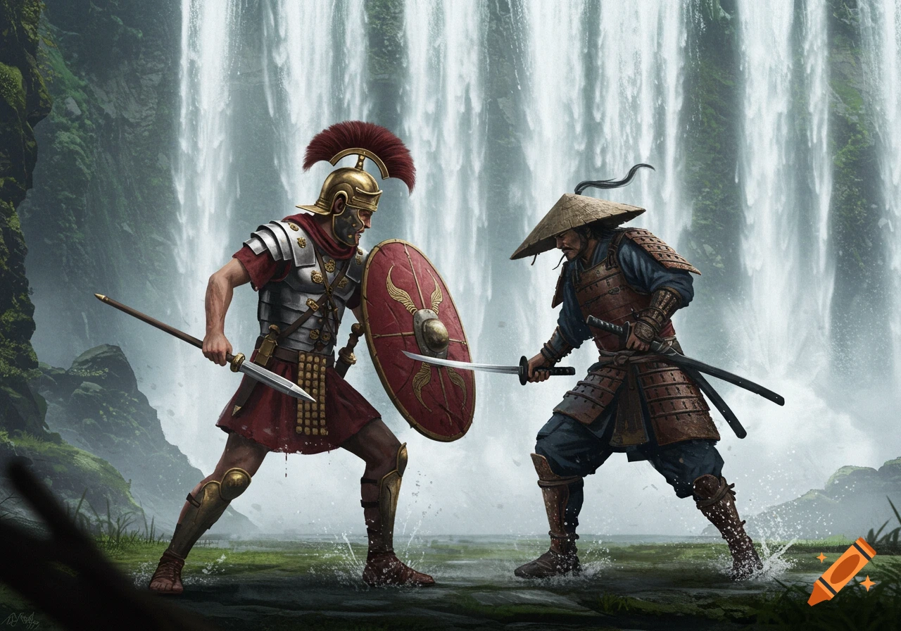 A Roman soldier battles a Samurai warrior in a dynamic scene in front ...