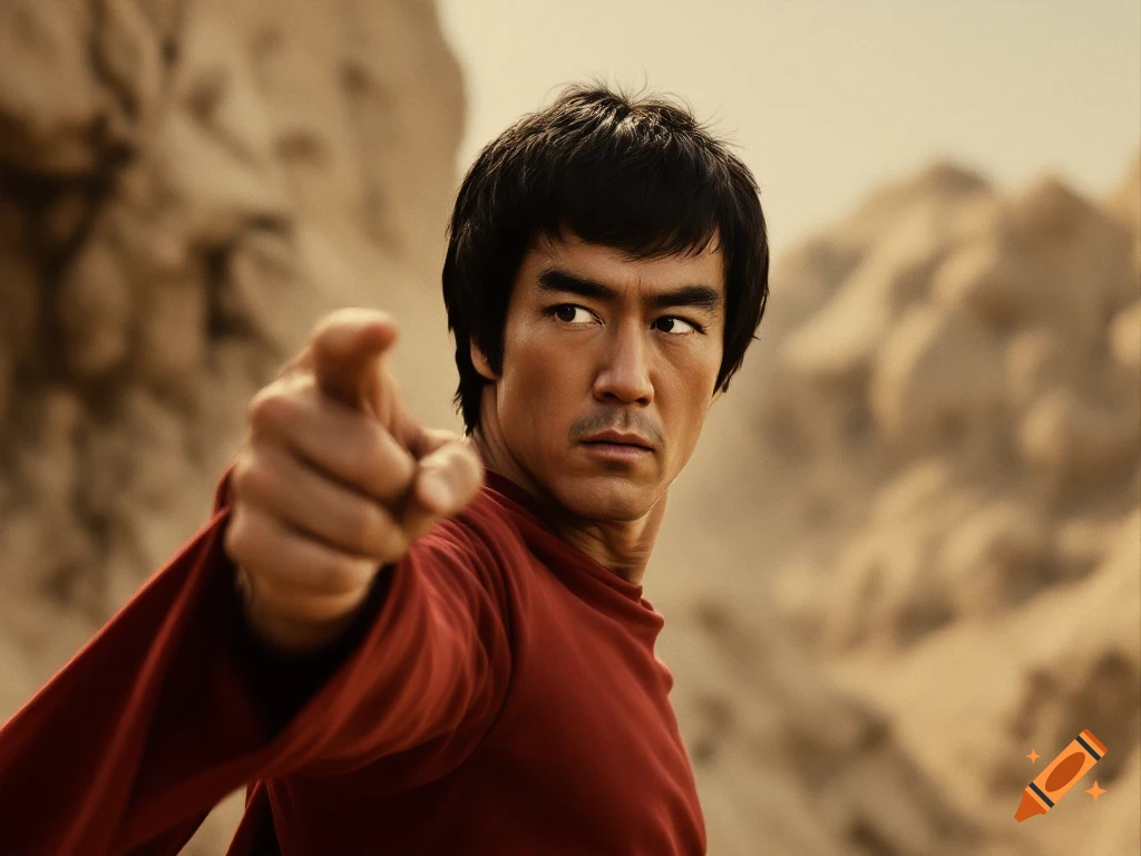 A man in a red shirt, resembling Bruce Lee, points towards the viewer ...