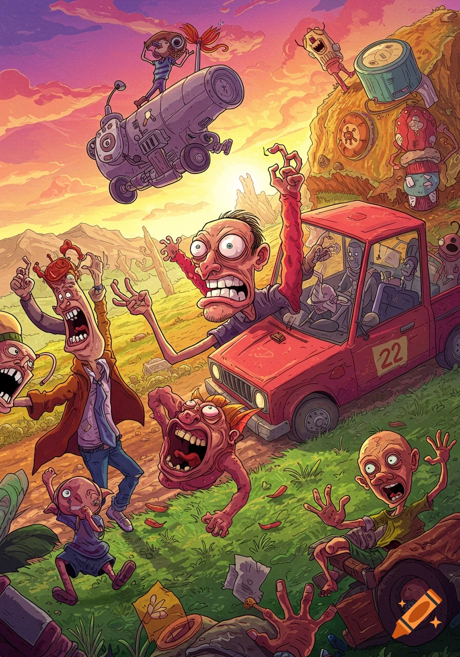 Grotesque cartoon scene with screaming characters, a red truck, and a ...
