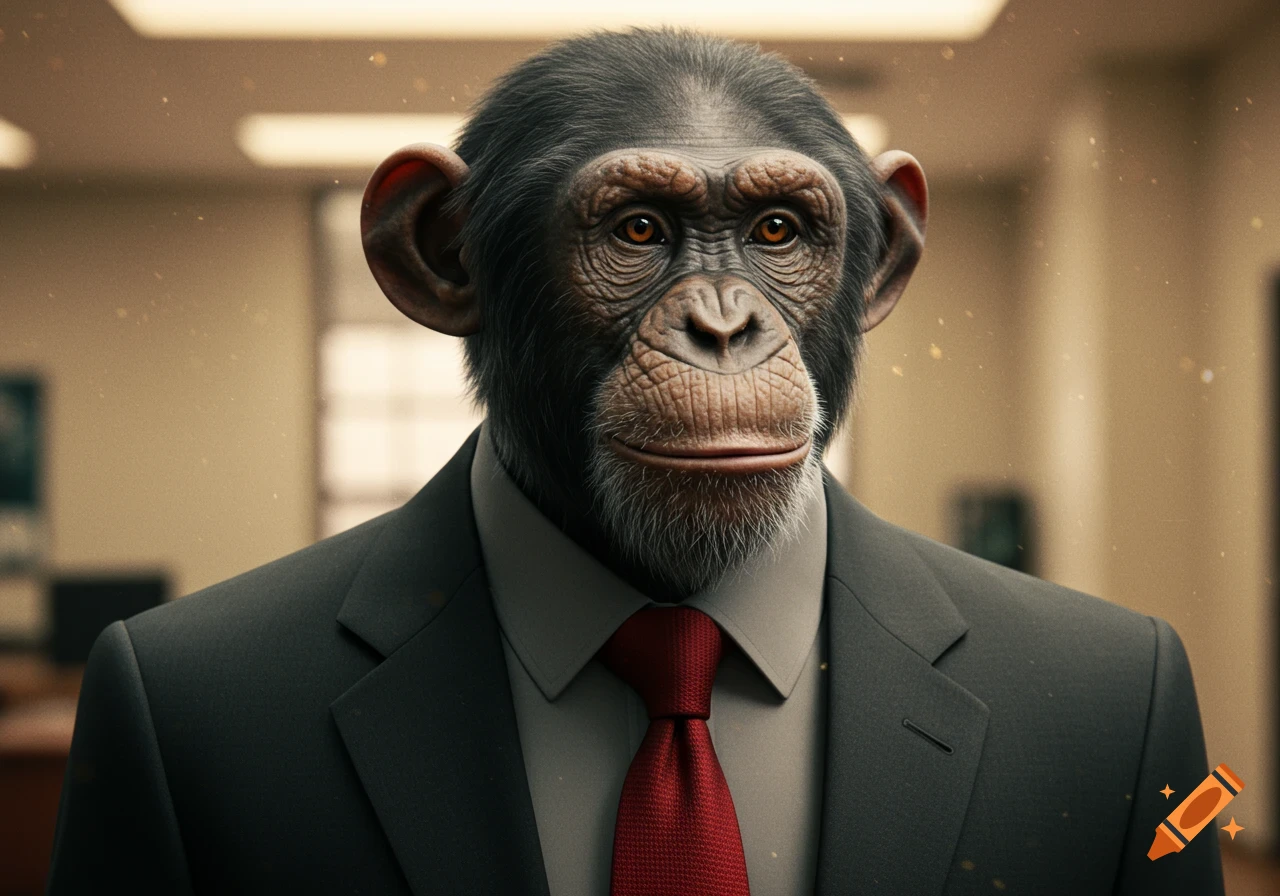 A photorealistic image of a chimpanzee wearing a dark suit and red tie ...