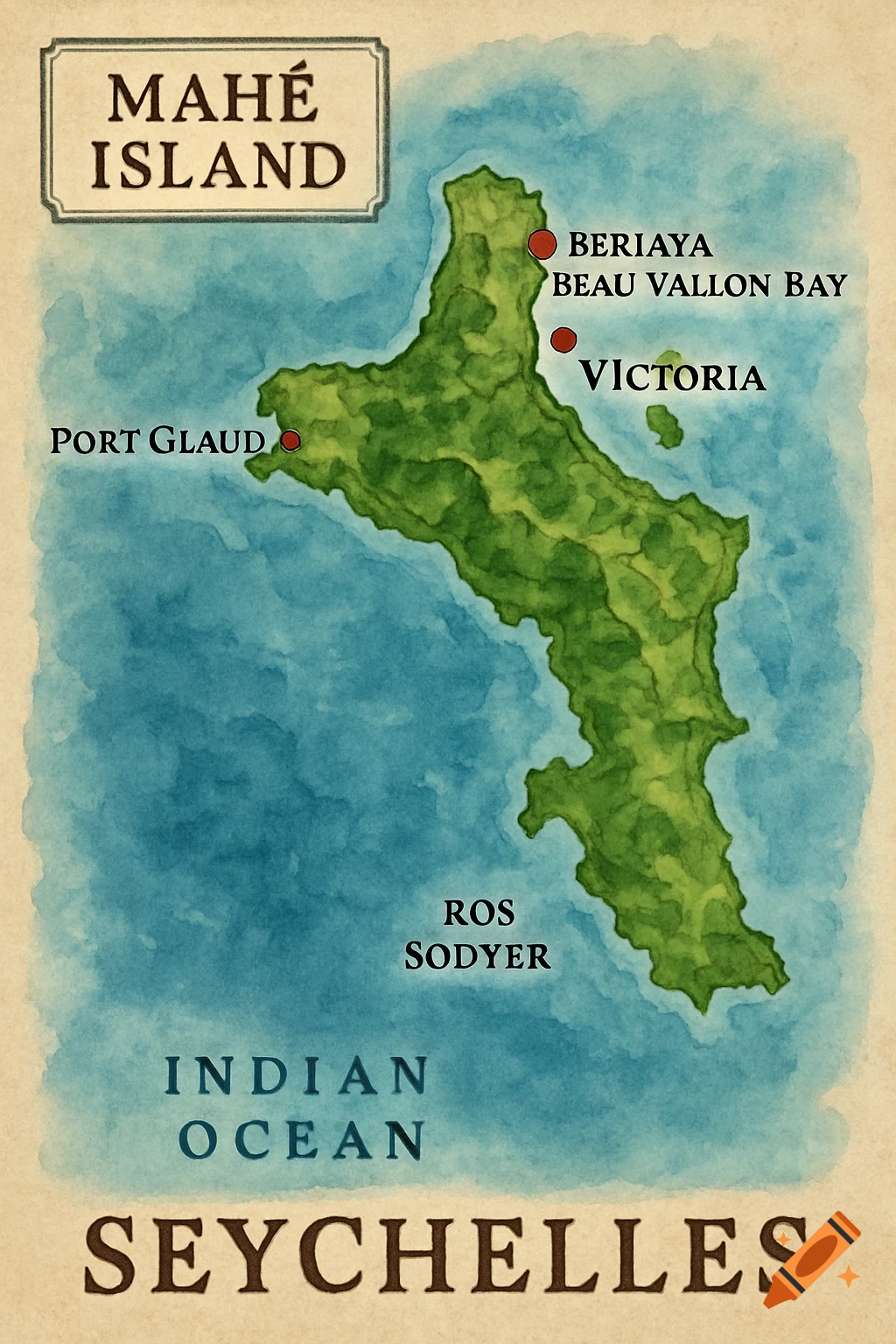 A watercolor map of Mahe Island, Seychelles, with locations like ...