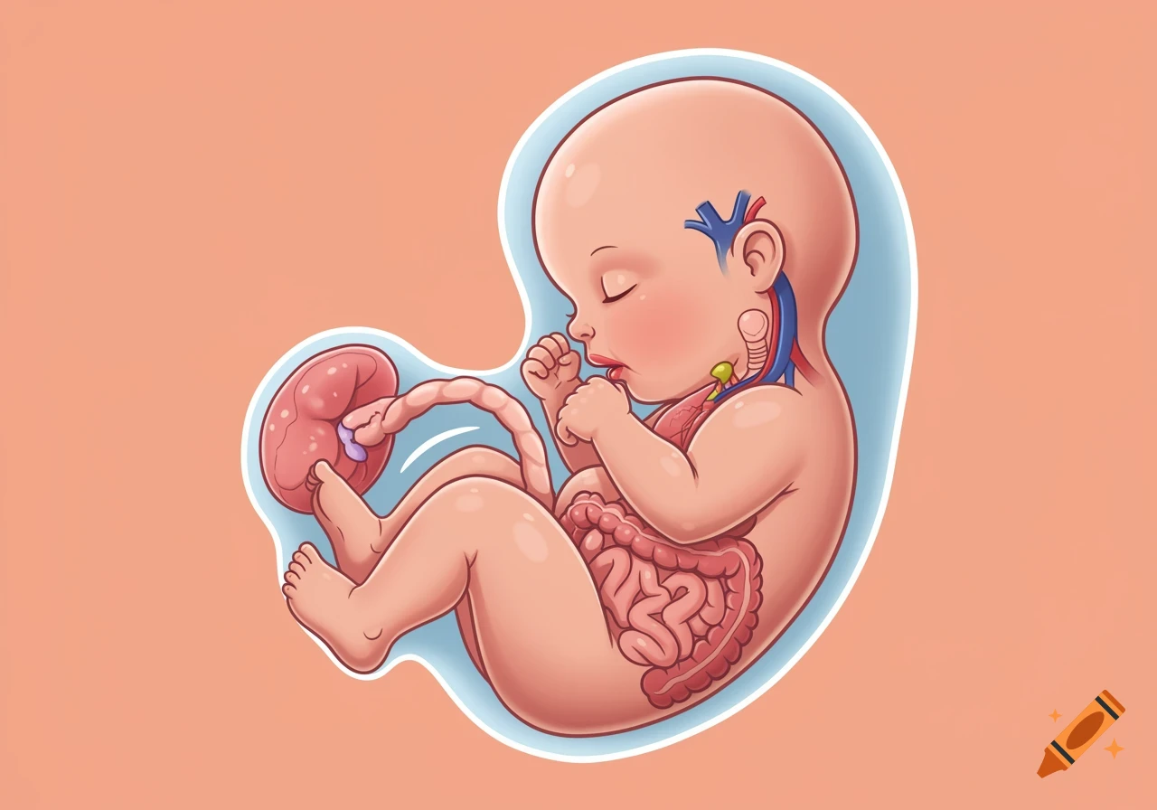 Cartoon illustration of a fetus in the womb with visible internal ...