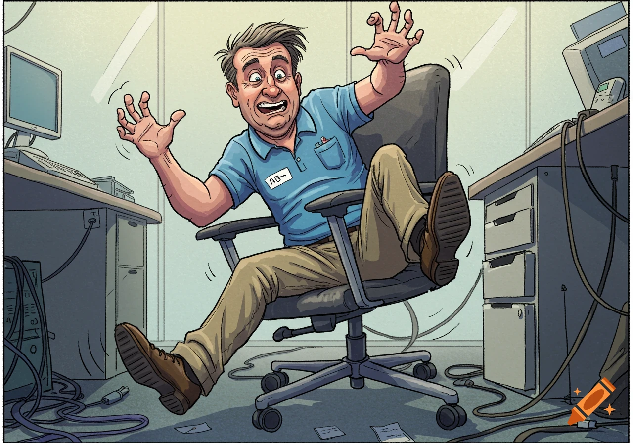 Cartoon illustration of an IT technician falling backward in an office ...