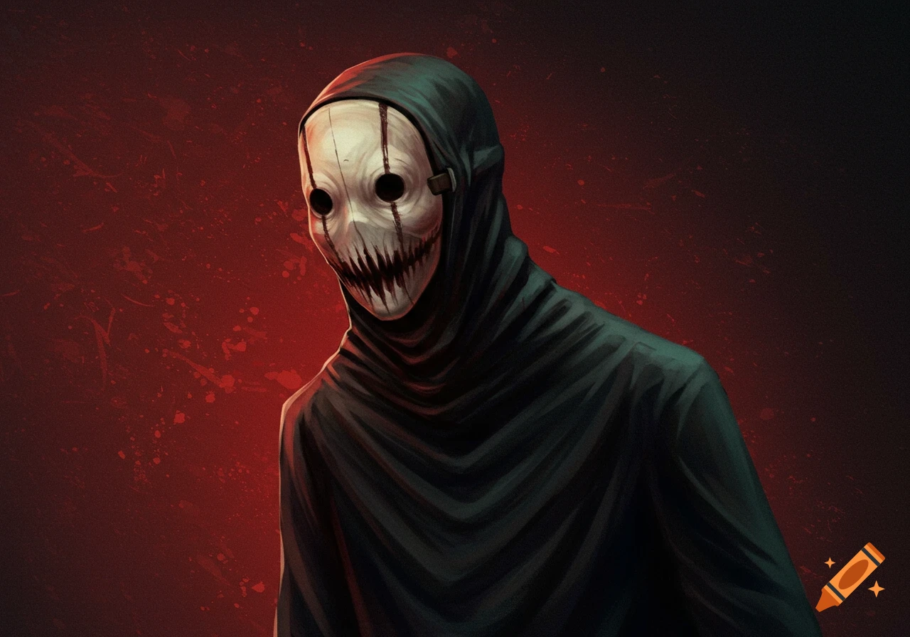 A humanoid creature in a dark hooded cloak wears a terrifying white ...