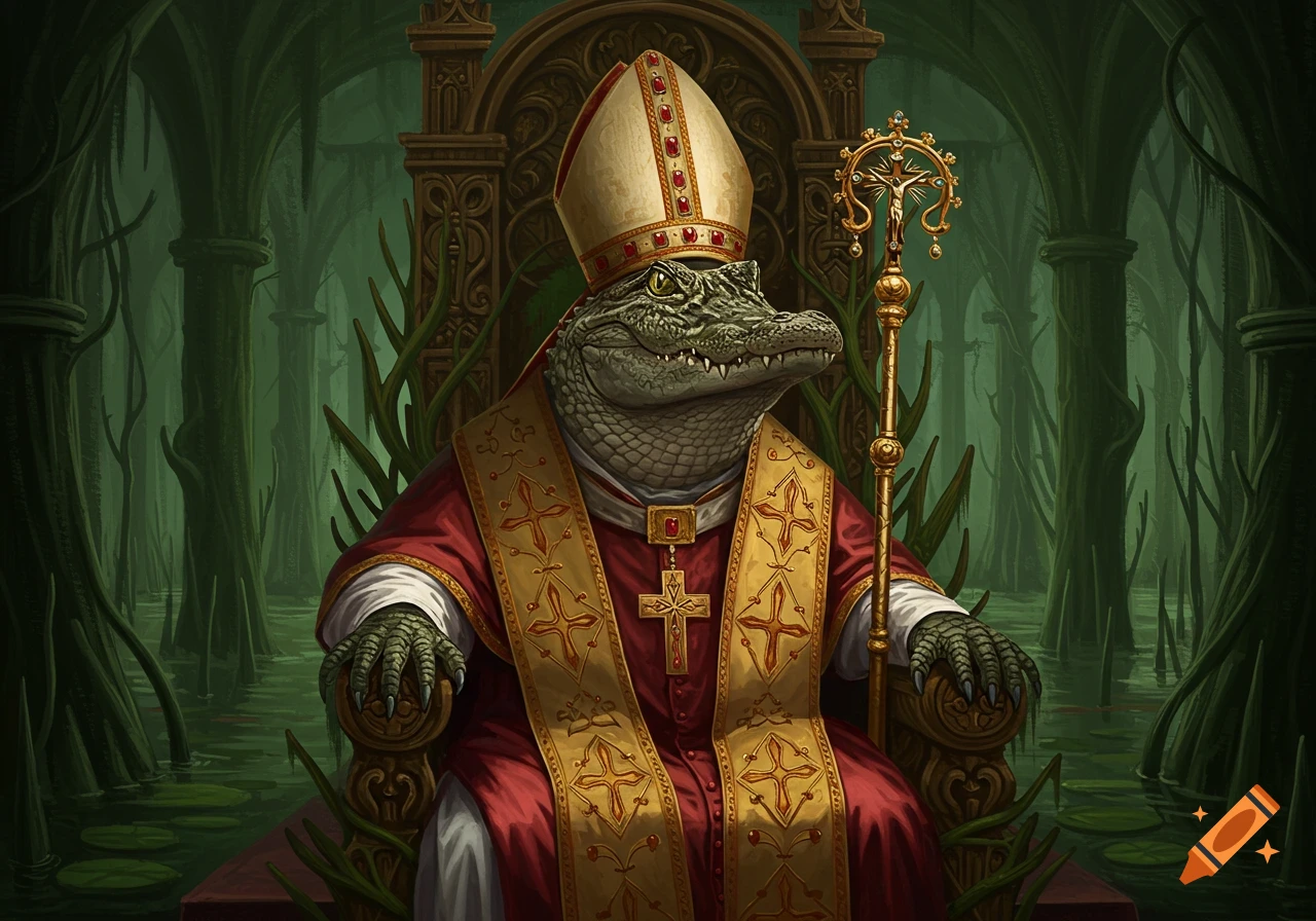 Detailed illustration of an alligator dressed as a pope, seated on a ...
