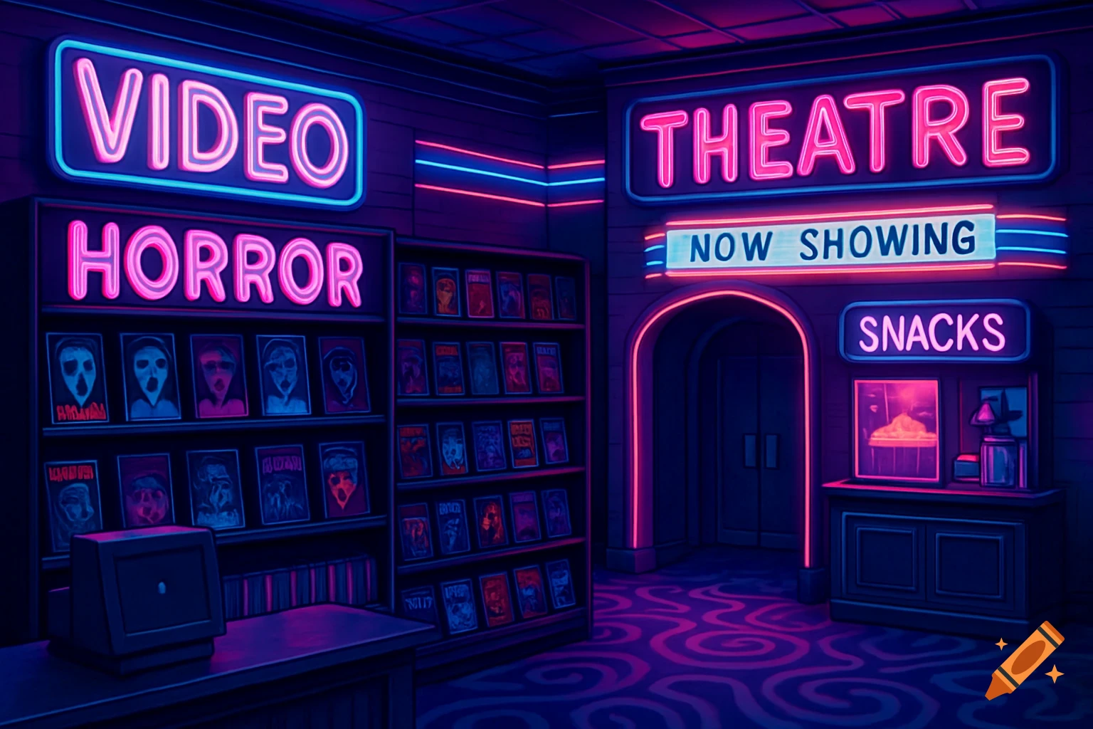 Neon-lit horror video store and movie theater interior with signs and ...