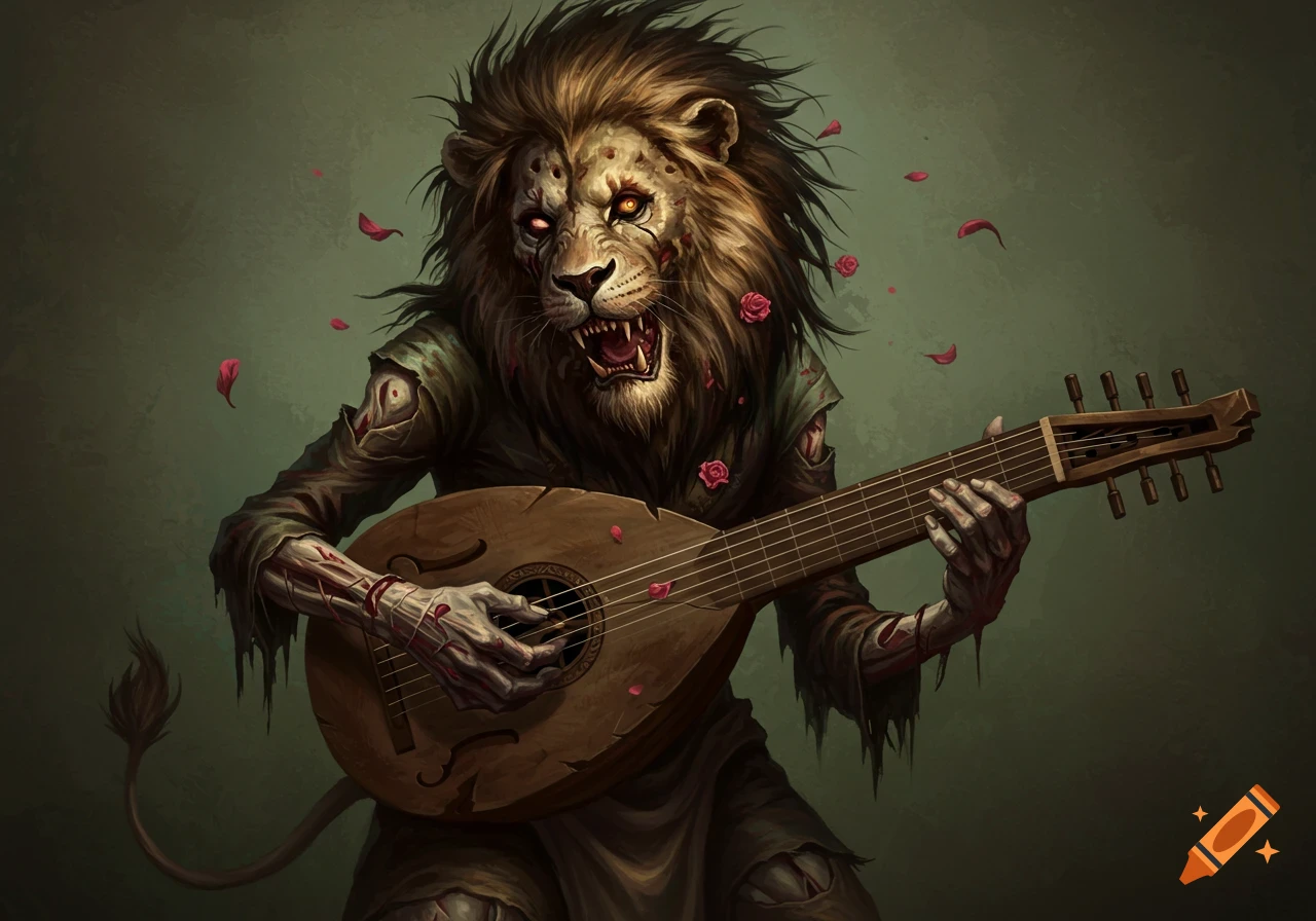 Zombie lion playing a lute in a dark setting, scattered with rose ...